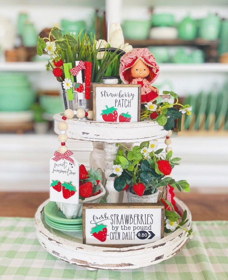 Strawberry Decor White & Red Summer Tiered Tray Set Mix and - Etsy