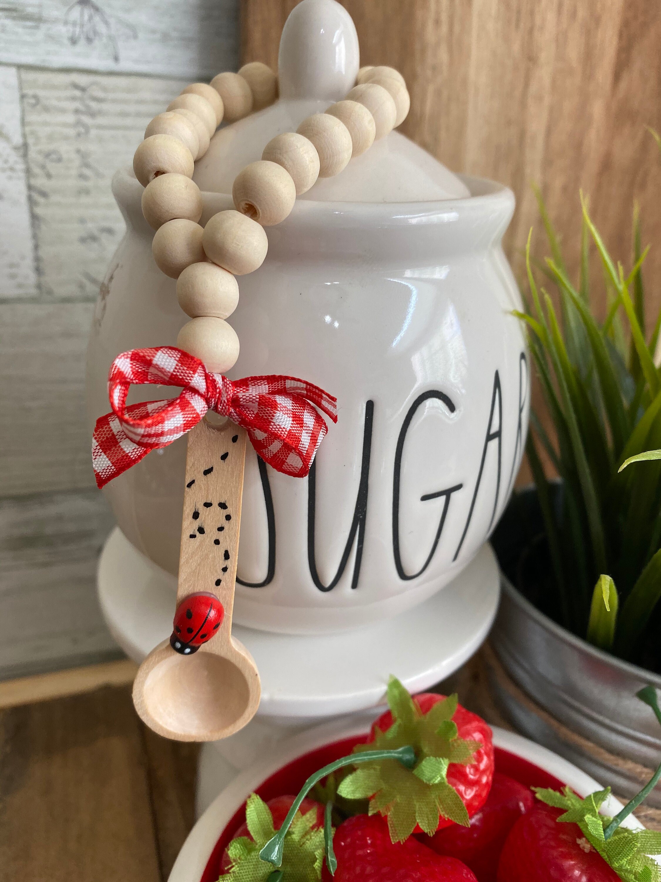 Ladybug Themed Wooden Bead Loop Sugar Bowl Spoon and Clothes Pins for ...