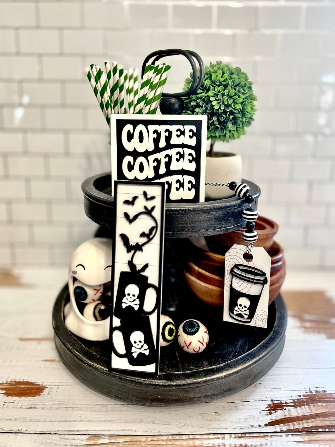 Halloween Coffee Bar Decor Set / Tiered Tray, Black and White 3d Coffee ...