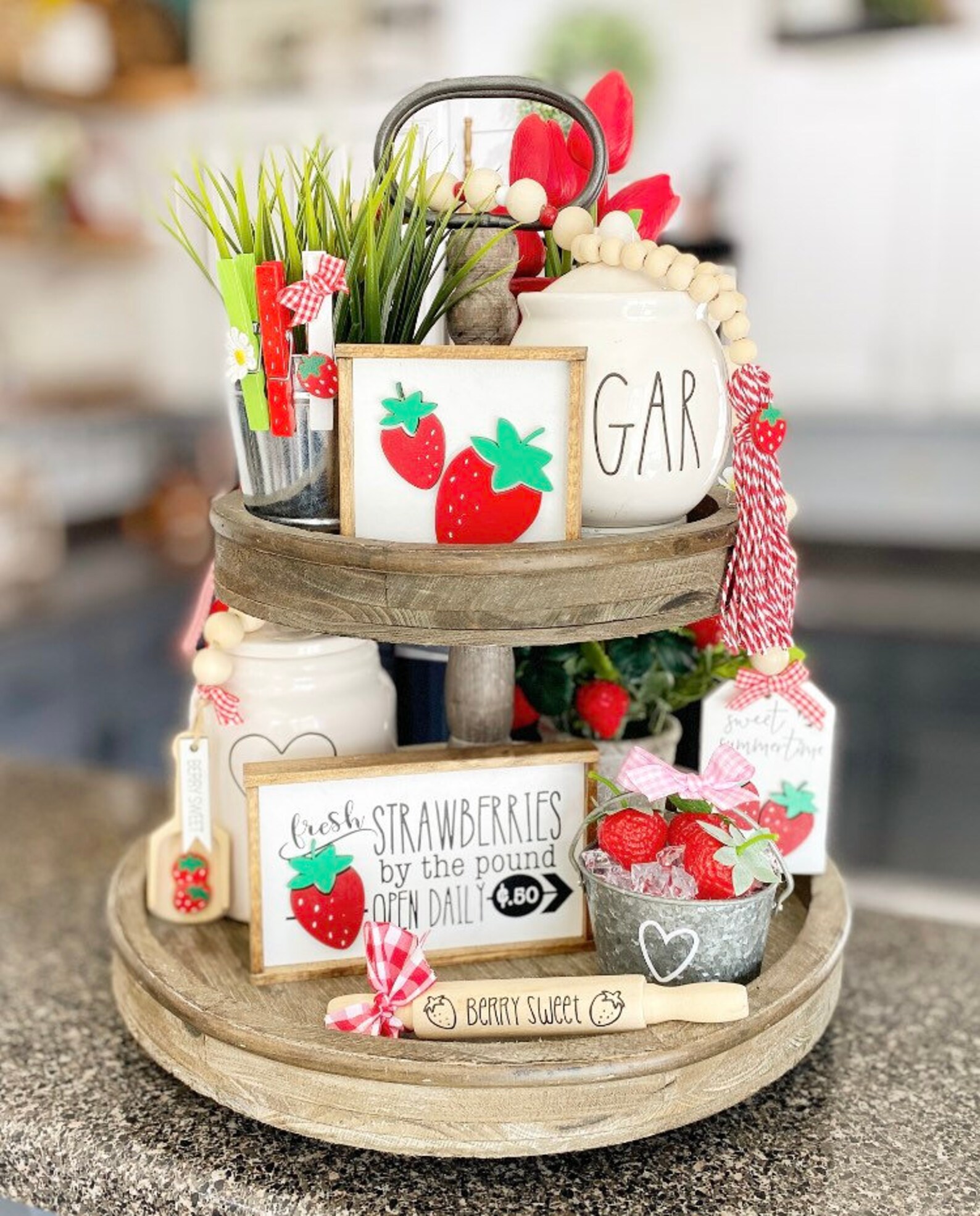 Strawberry Decor White & Red Summer Tiered Tray Set Mix and - Etsy