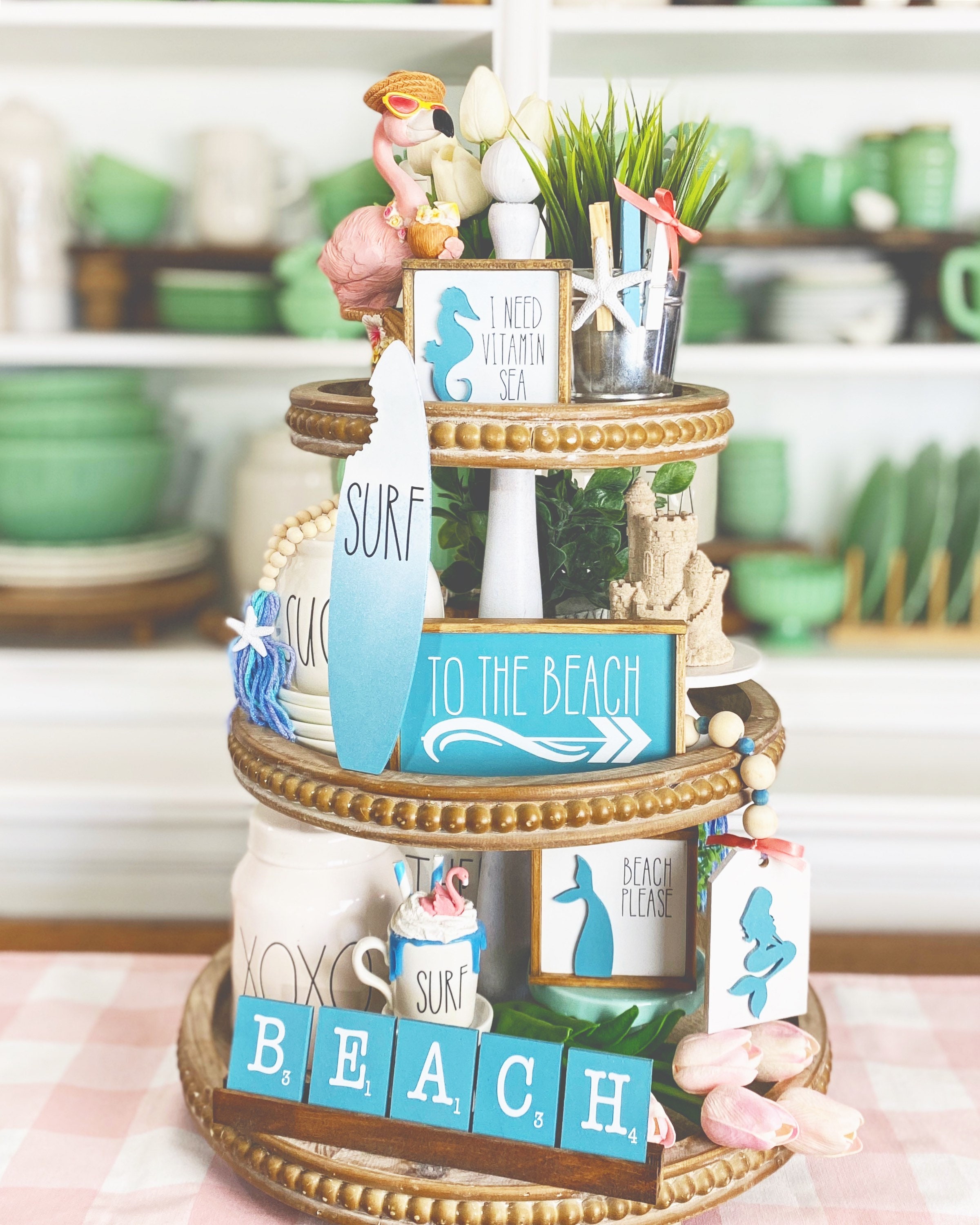 Beach / Ocean Coral White & Teal Tiered Tray Set Mix and - Etsy