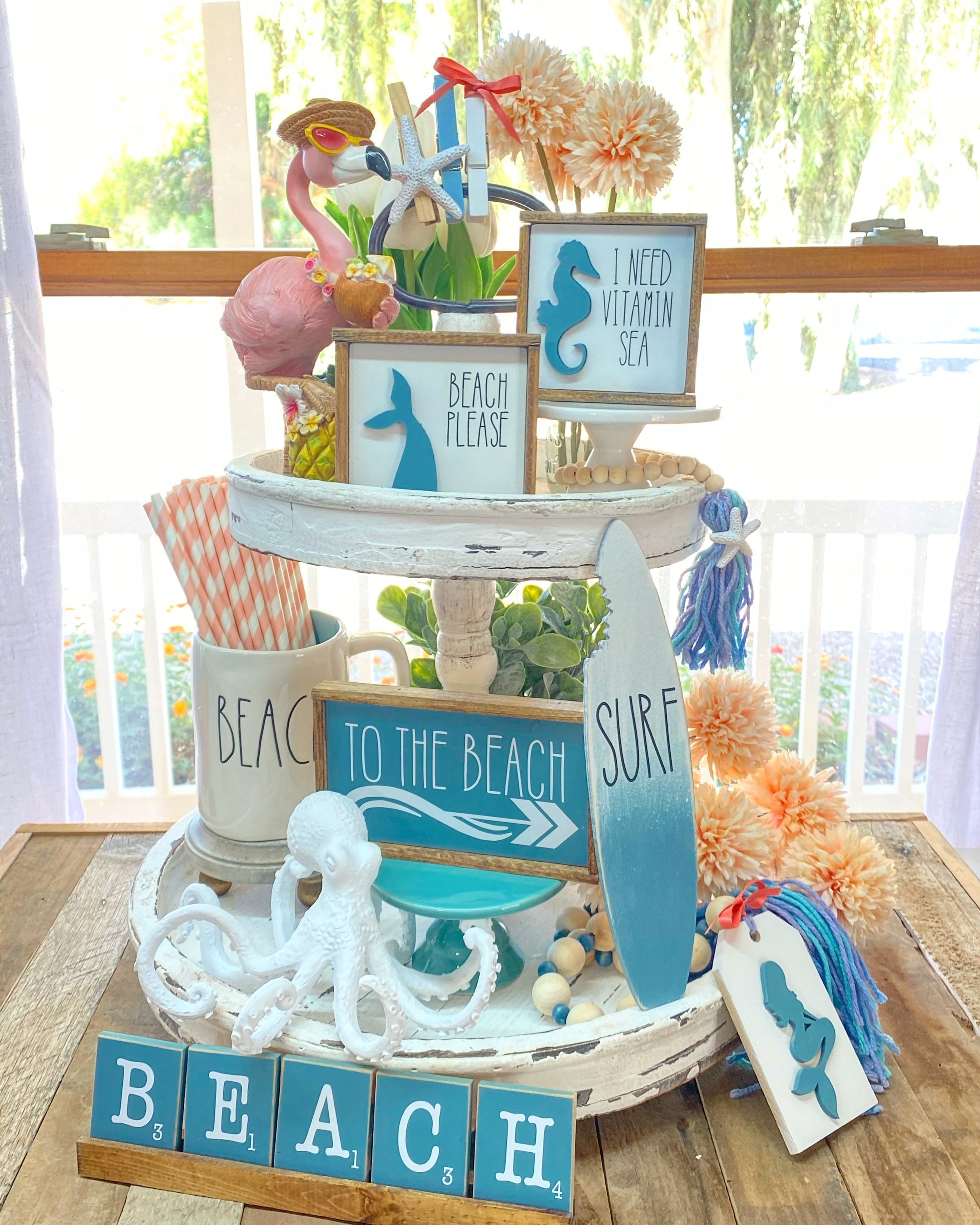 Beach / Ocean Coral White & Teal Tiered Tray Set Mix and - Etsy
