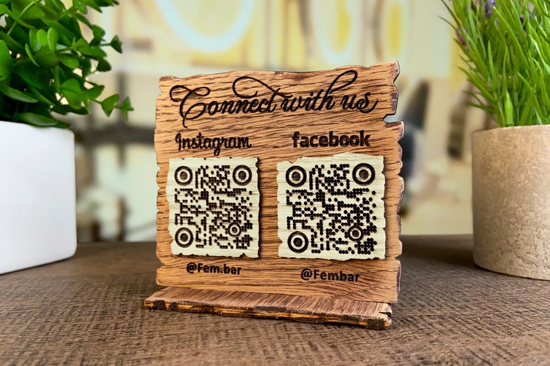 Old Wood Sign With Engraved QR Code, Wood QR Code Sign, Social Media ...