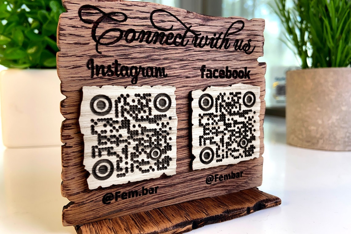 Old Wood Sign With Engraved QR Code Wood QR Code Sign Social - Etsy