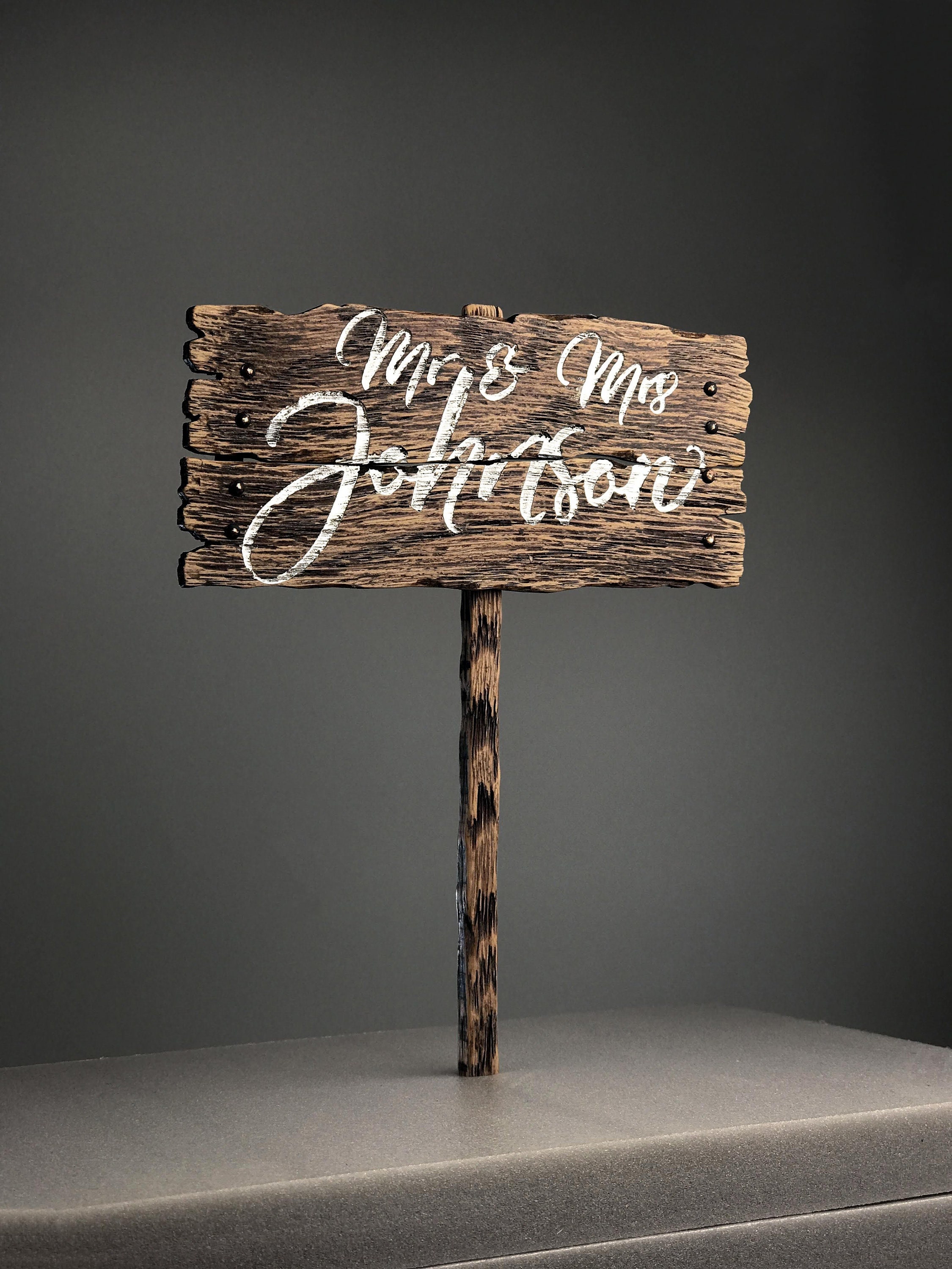 Wedding Cake Topper Similar to a Miniature Sign With White Engraving of ...