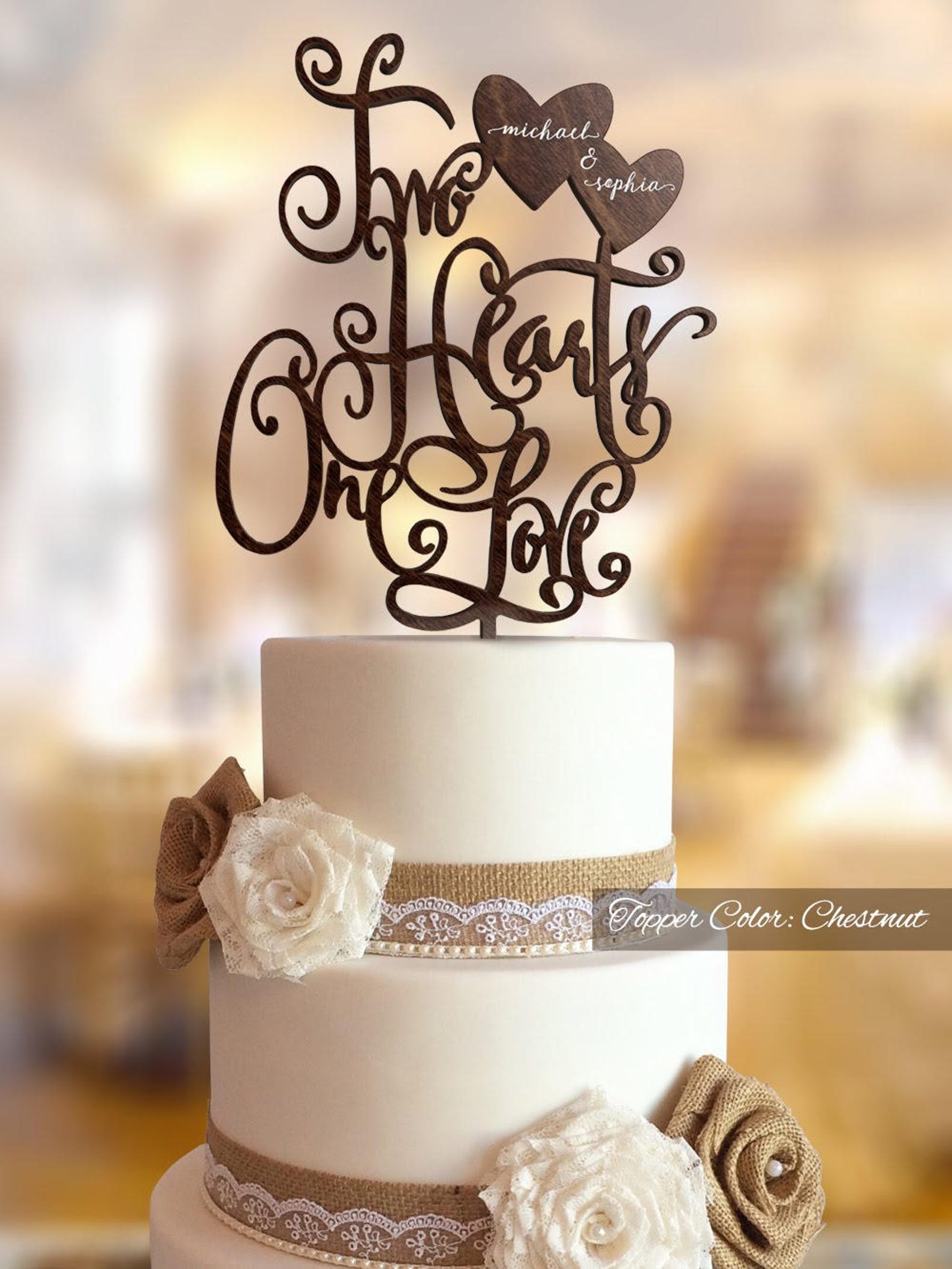 Two Hearts One Love Wedding Cake Topper. Engraved Names of the Bride ...