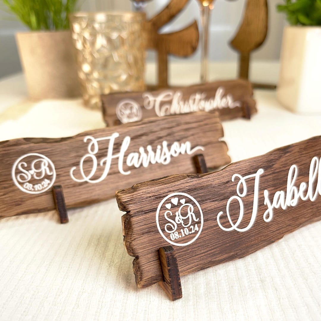Rustic Monogram Wedding Place Cards, White Ink Wood Name Place Cards ...
