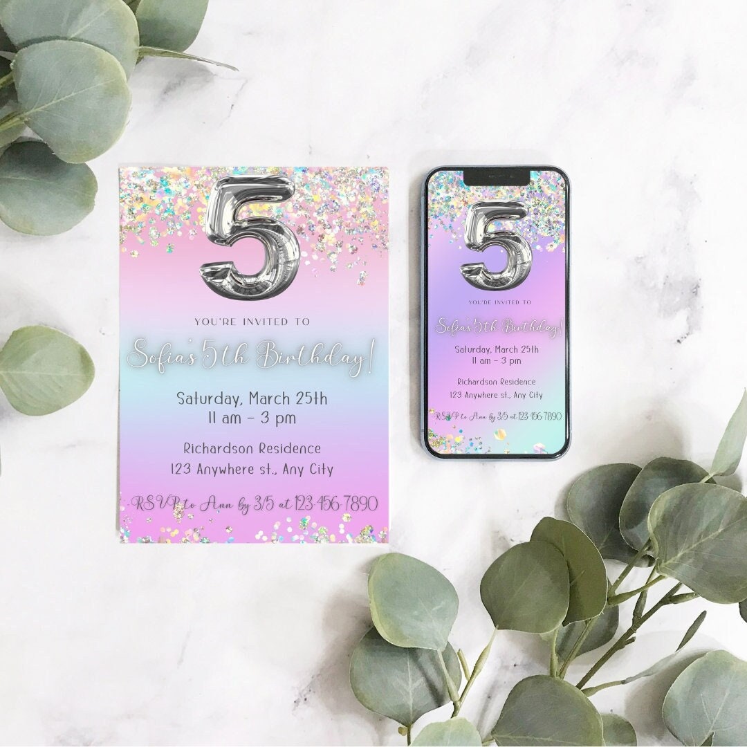5 X 7 Editable 5th Birthday Invitation Sparkle Watercolor Rainbow ...