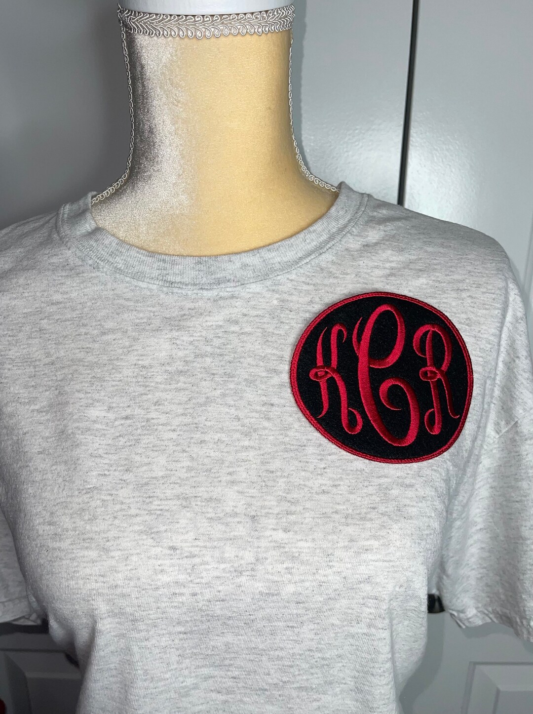 JUMBO Monogrammed Iron-on Patch - Red on Black Felt Fabric - Etsy