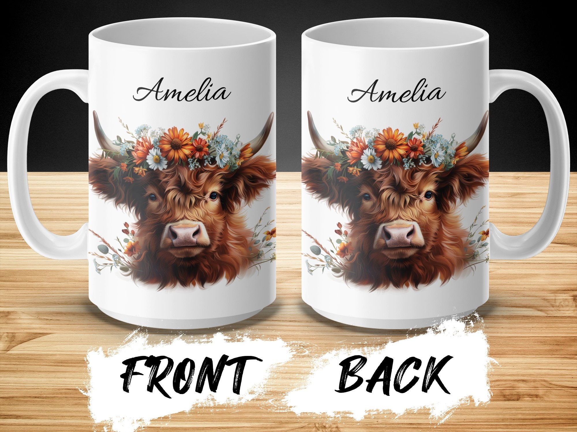 Highland Cow Boho Custom Floral Mug, Flowers Mug Gift, Highland Cow ...