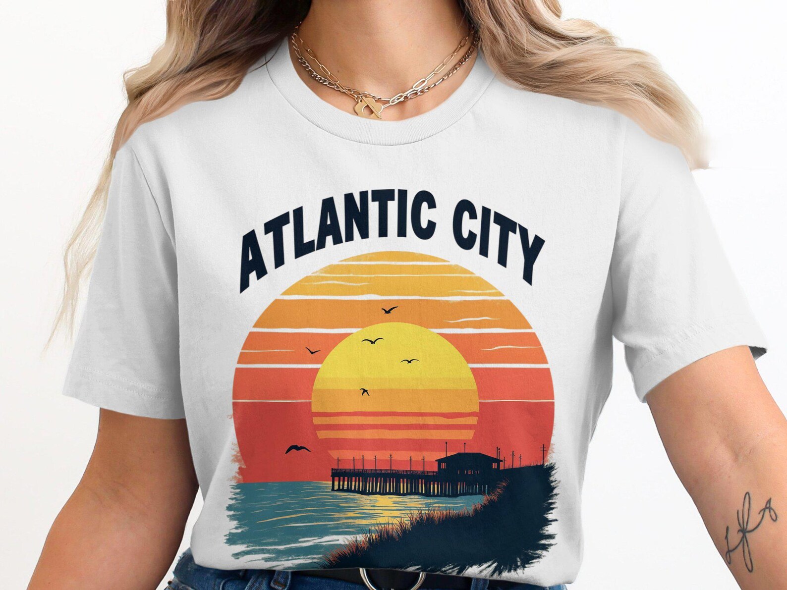 Atlantic City New Jersey Sunset Retro Vintage Beach T-shirt, Summer ...