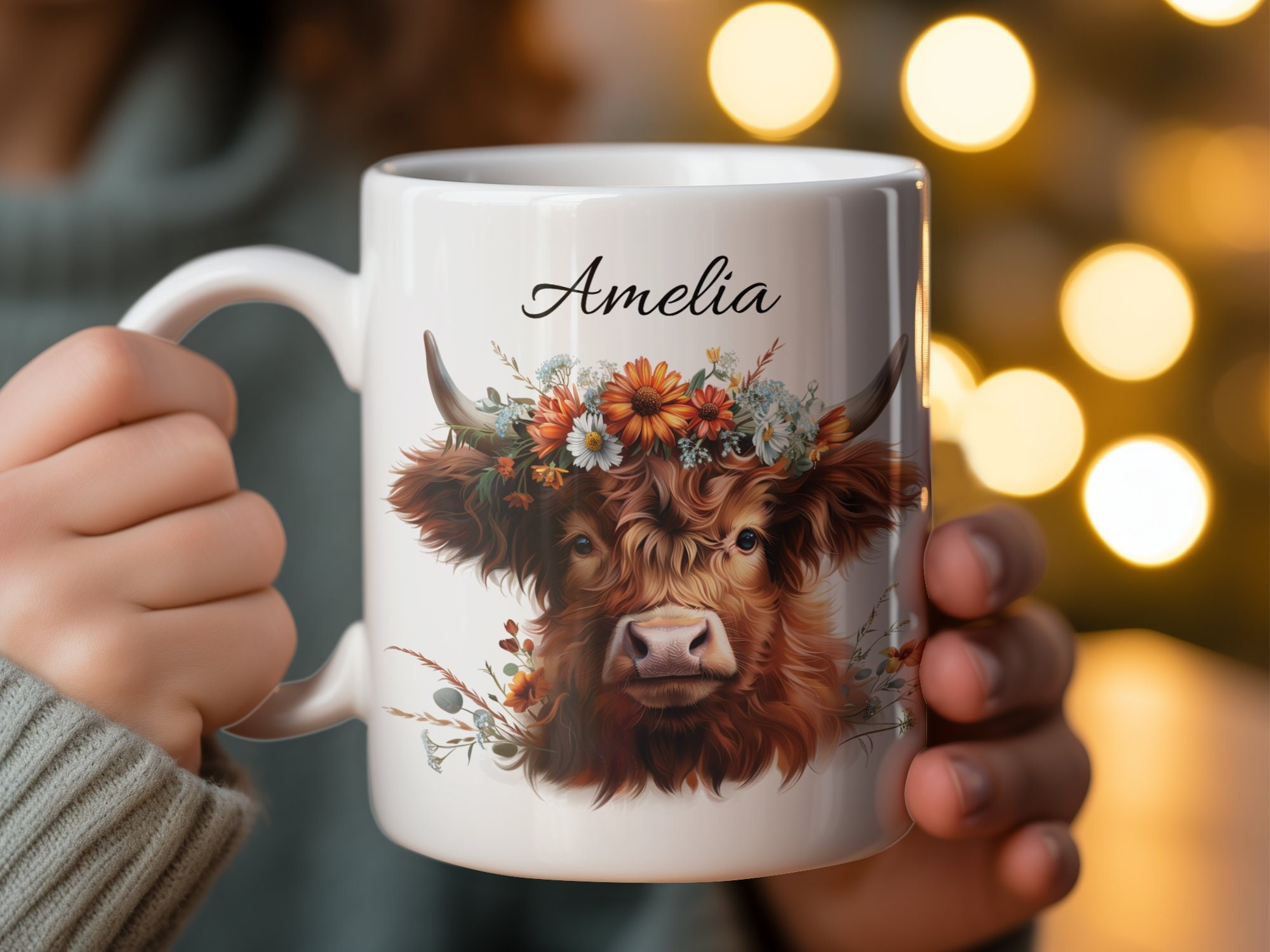 Highland Cow Boho Custom Floral Mug, Flowers Mug Gift, Highland Cow ...