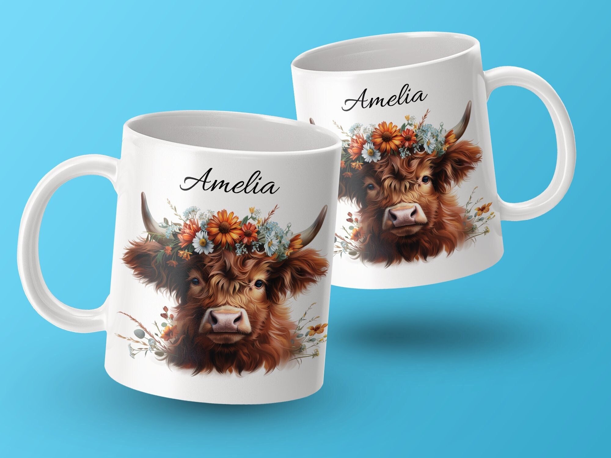 Highland Cow Boho Custom Floral Mug, Flowers Mug Gift, Highland Cow ...