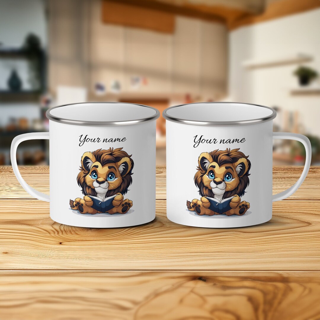 Personalized Lion Cub Enamel Mug, Custom Name Outdoor Camping Cup, Cute ...