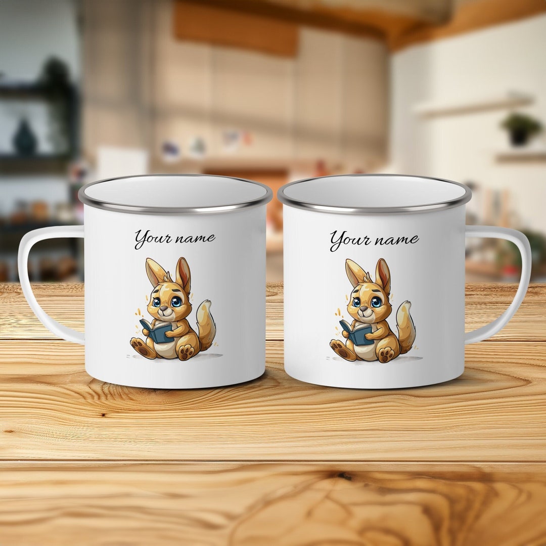 Personalized Enamel Camping Mug, Cute Cartoon Kangaroo Design, Custom ...