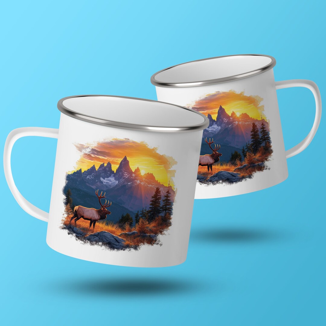 Sunset Elk Illustration Enamel Mug, Grand Teton National Park Camping ...
