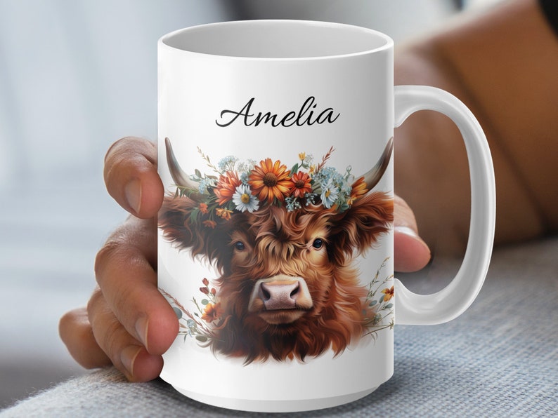 Highland Cow Boho Custom Floral Mug, Flowers Mug Gift, Highland Cow ...