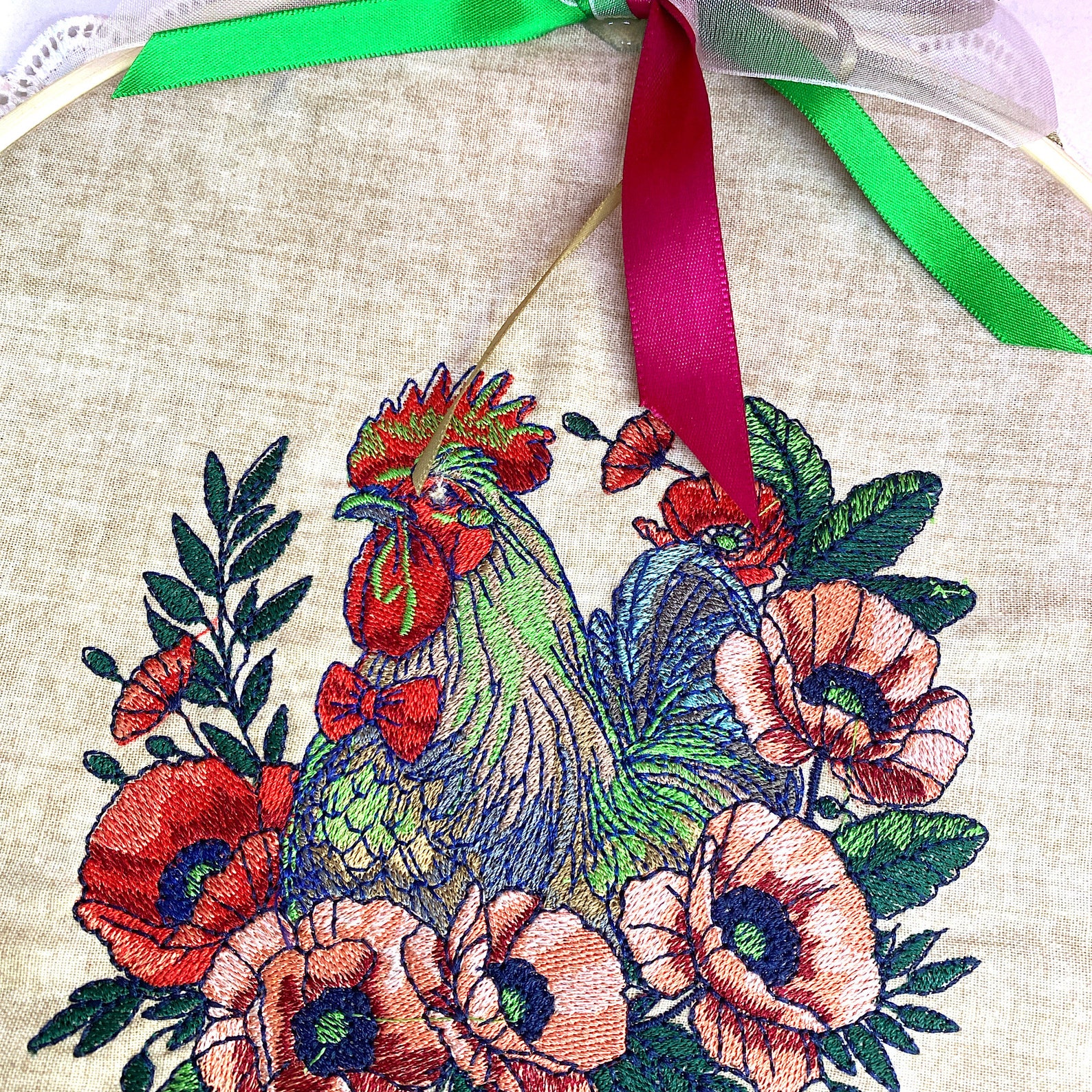 Poppy Wall Decor, Embroidered Rooster, Art Hoop Gift, Red Poppy Flowers ...