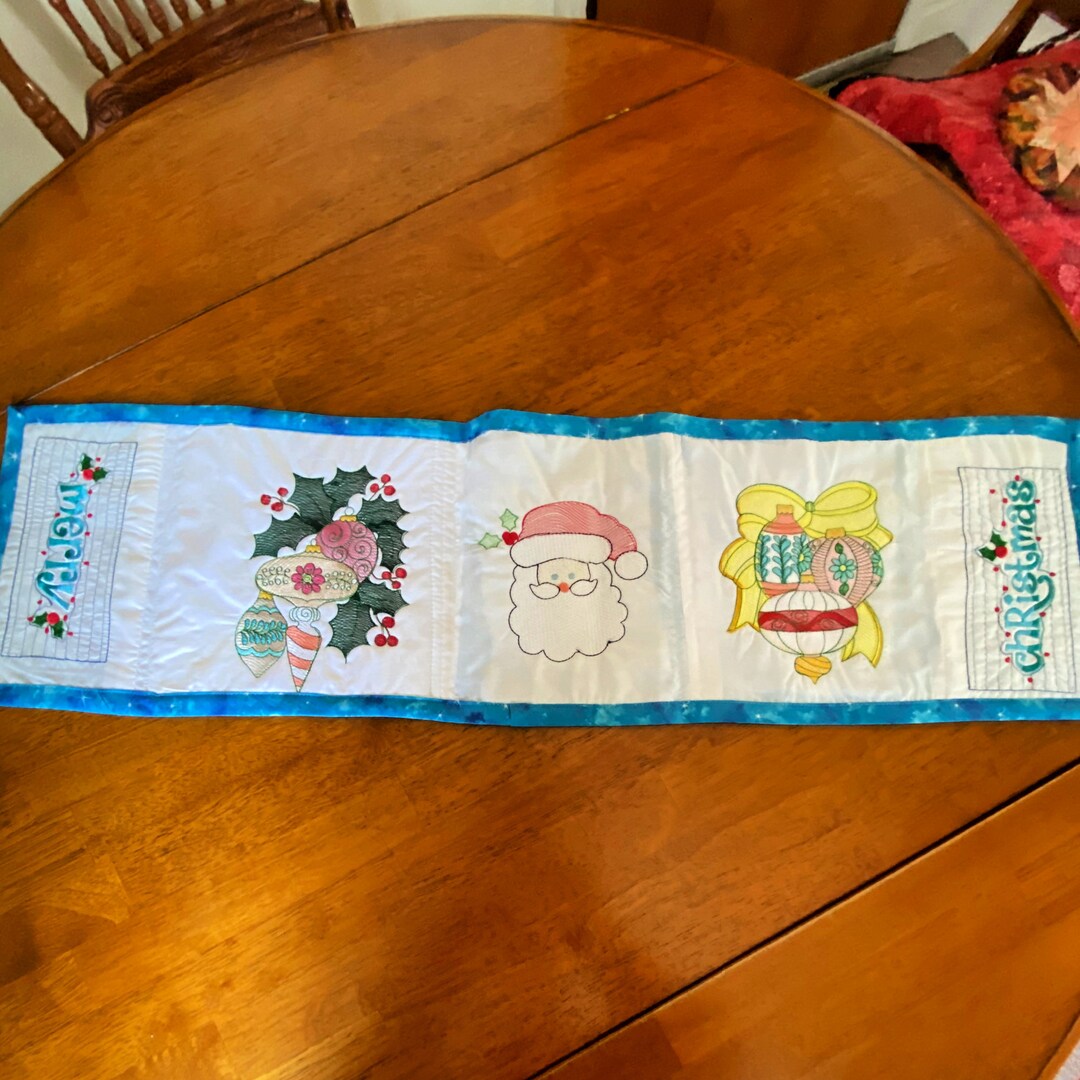 Quilted Table Mat Santa Table Runner Holiday Table Linens Santa Faces ...