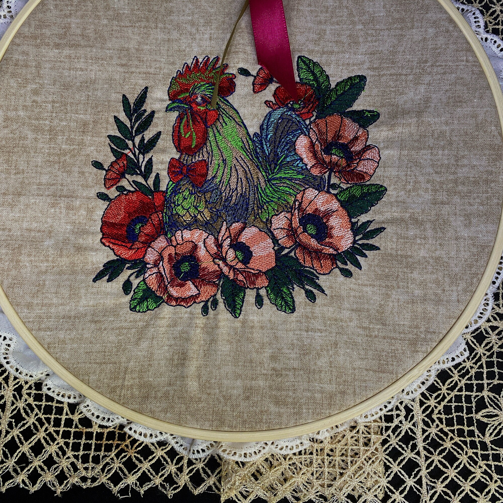 Poppy Wall Decor, Embroidered Rooster, Art Hoop Gift, Red Poppy Flowers ...