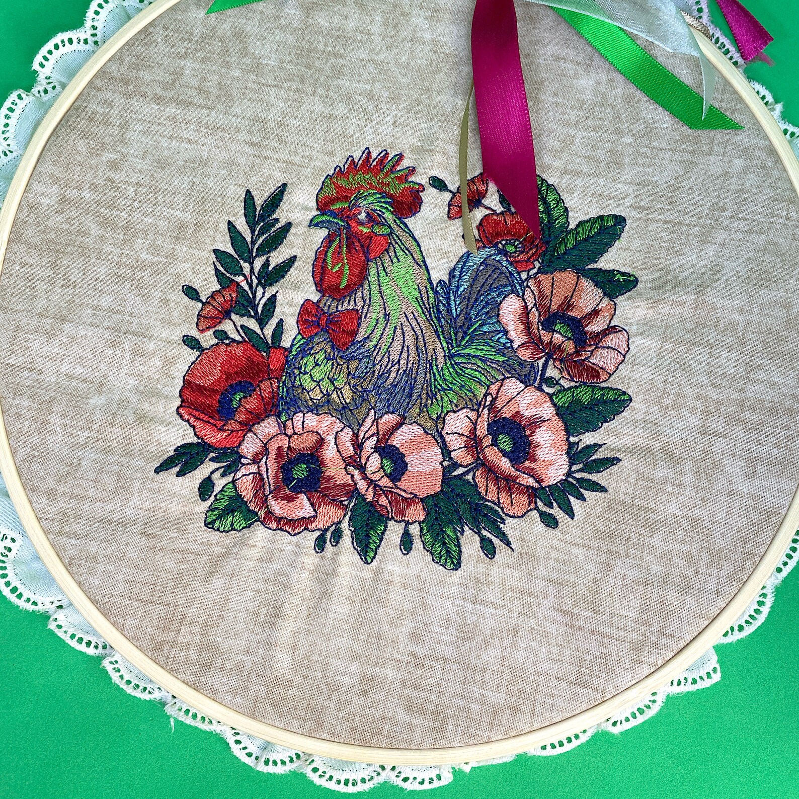 Poppy Wall Decor, Embroidered Rooster, Art Hoop Gift, Red Poppy Flowers ...