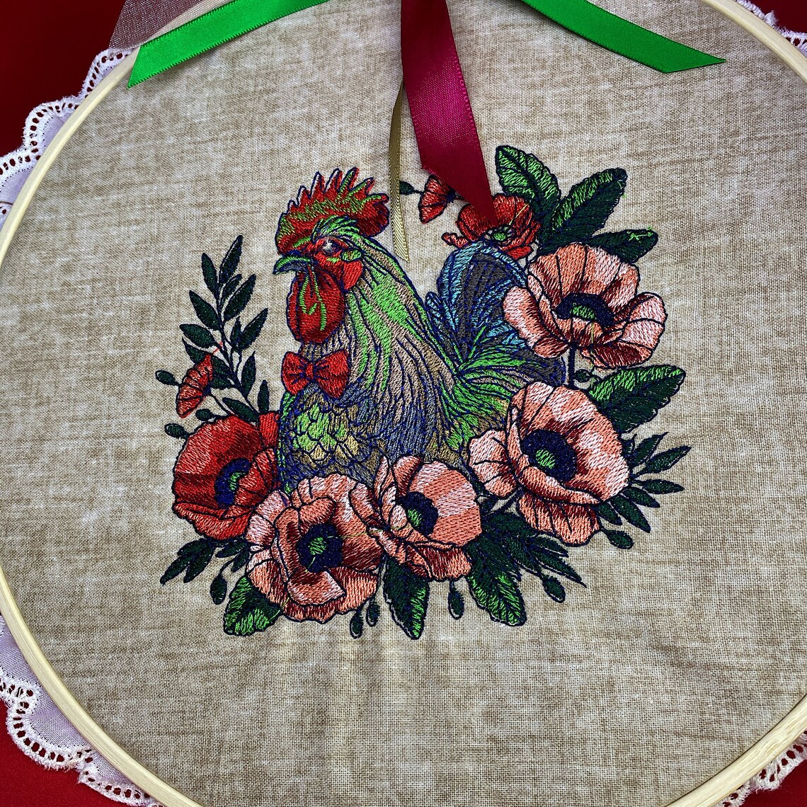 Poppy Wall Decor, Embroidered Rooster, Art Hoop Gift, Red Poppy Flowers ...