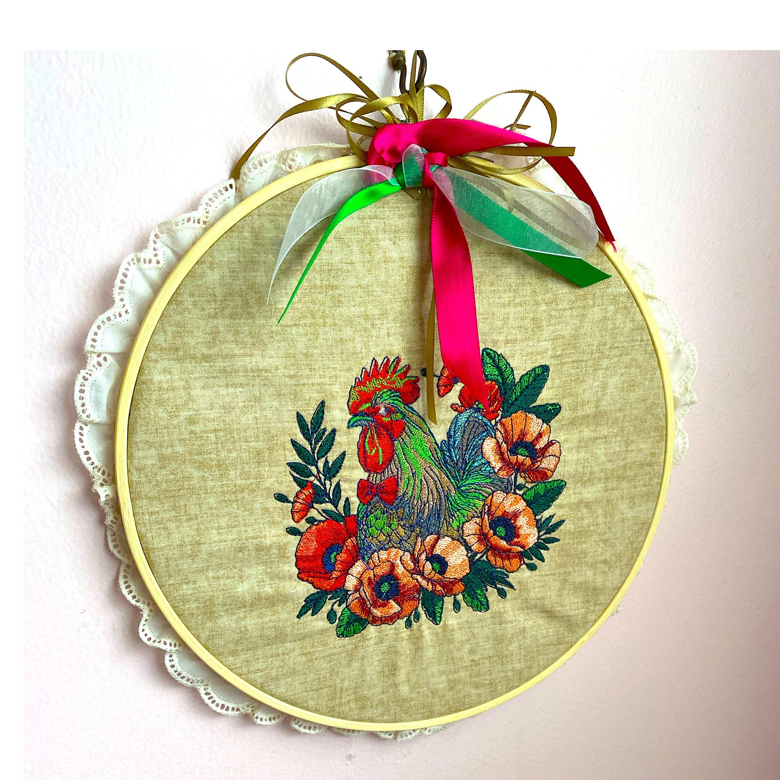 Poppy Wall Decor, Embroidered Rooster, Art Hoop Gift, Red Poppy Flowers ...