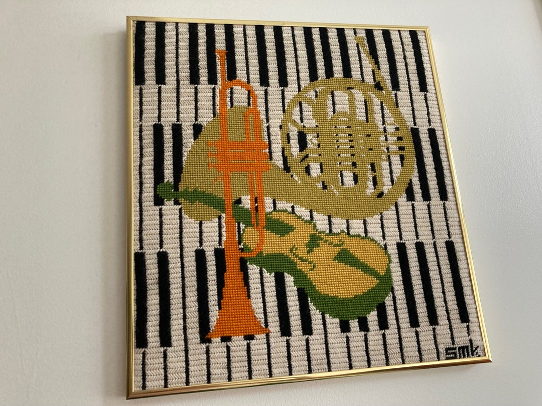Vintage Hand Made Needlepoint of Musical Instruments/violin/trumpet ...