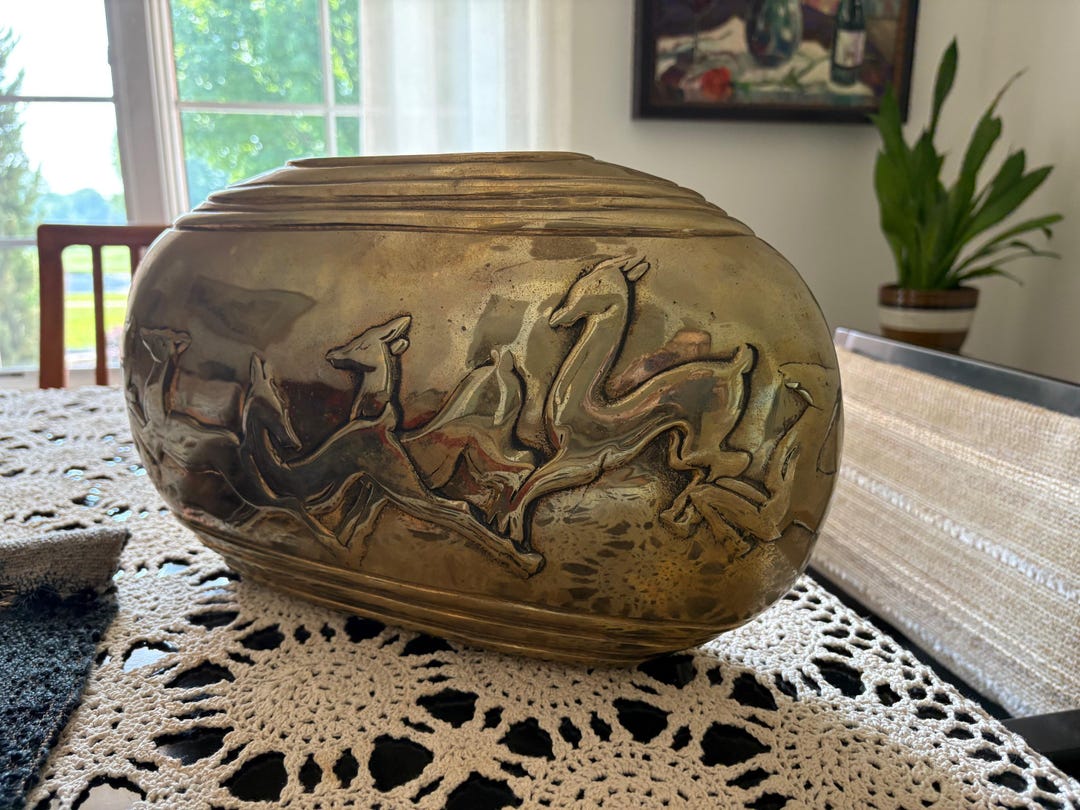 Large Vintage Art Deco Brass Vase - Etsy