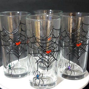 Spider Web Hand Painted Water Glasses Drinking Glass Set Of4 Halloween ...