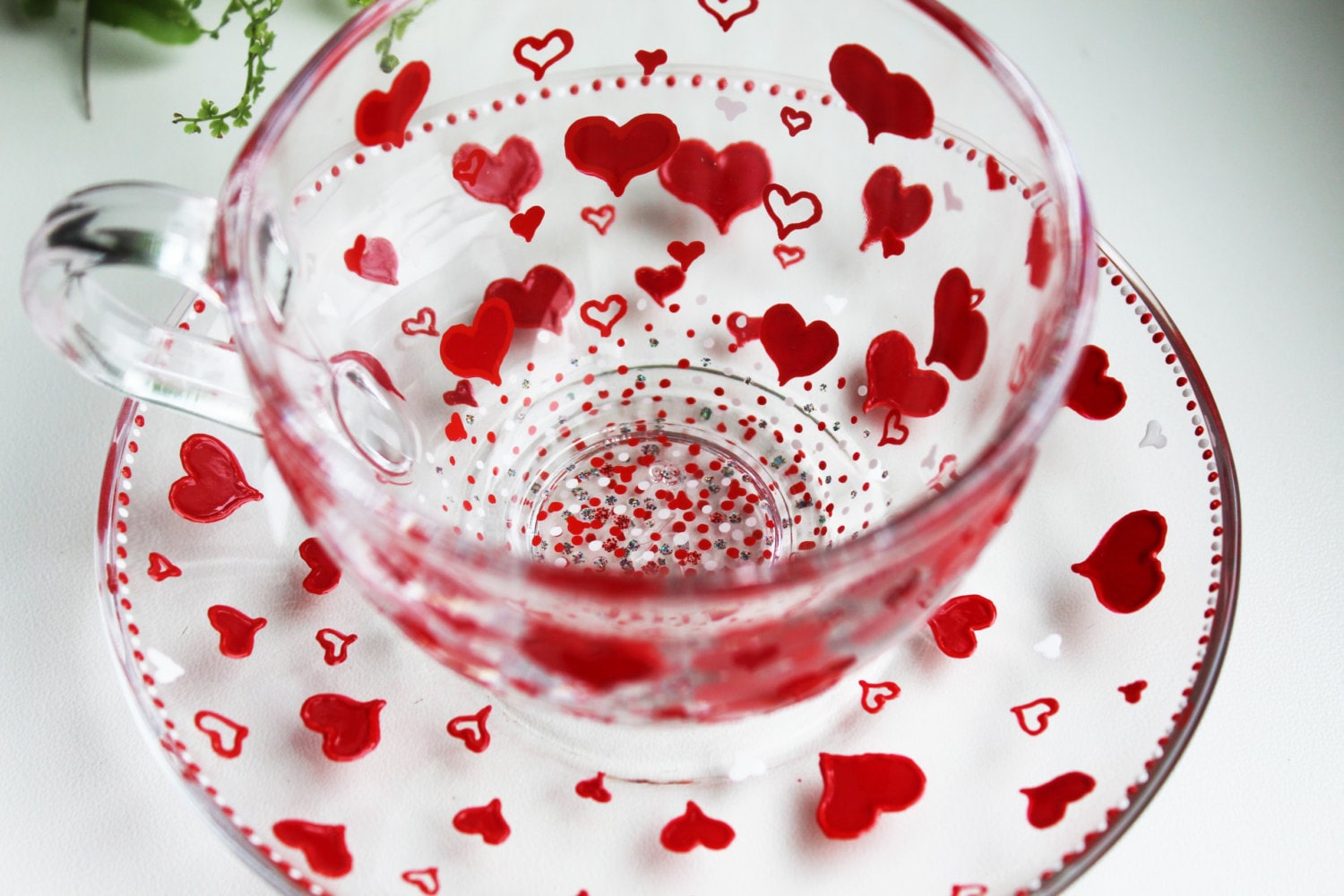 Heart Hand Painted Red Hearts Glass Tea Cup Set for Her. - Etsy