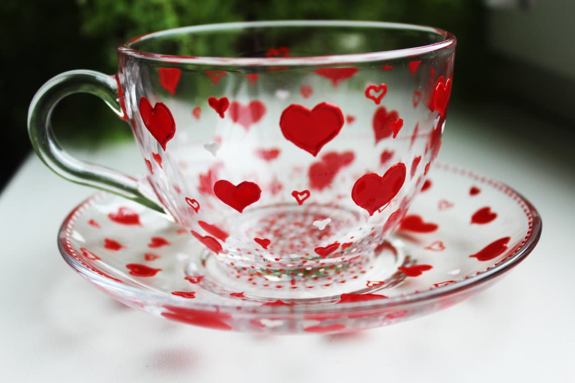 Hand Painted Red Hearts Glass Tea Cup Set for Her. - Etsy
