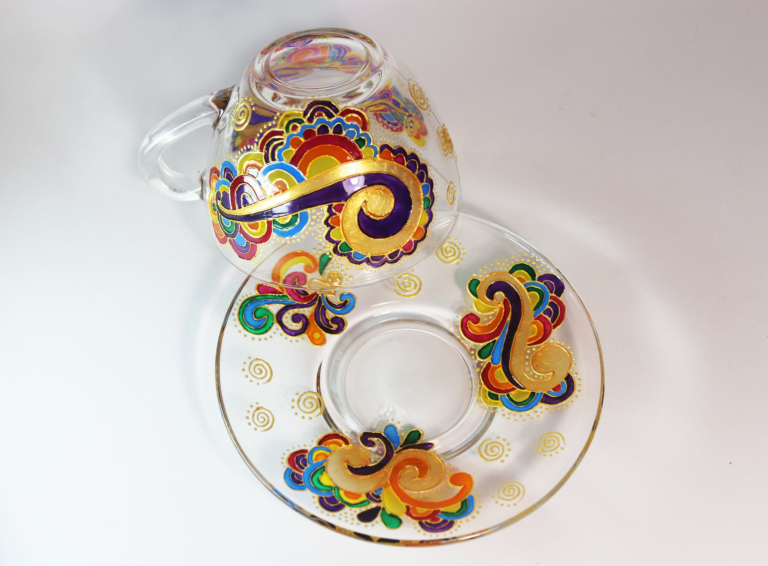 Handmade Glass Funny Tea Cup and Saucer Set Colorful Ornament | Etsy