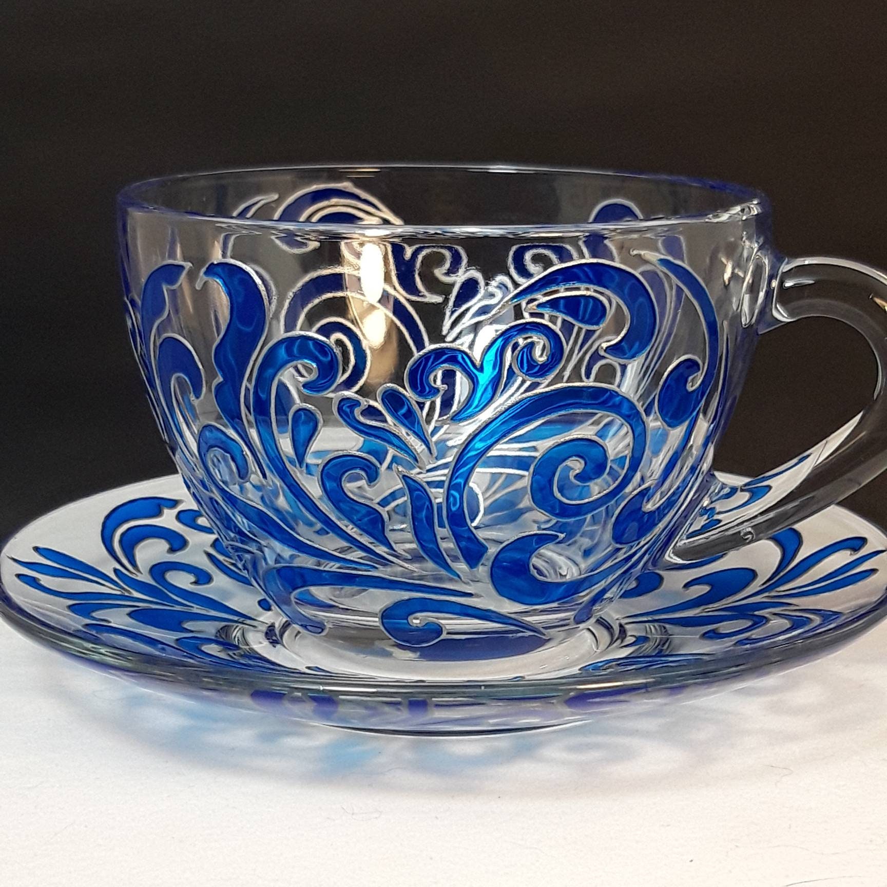 Tea Cup Set, Hand Painted Blue Stained Glass Coffee Cup, Personalized ...