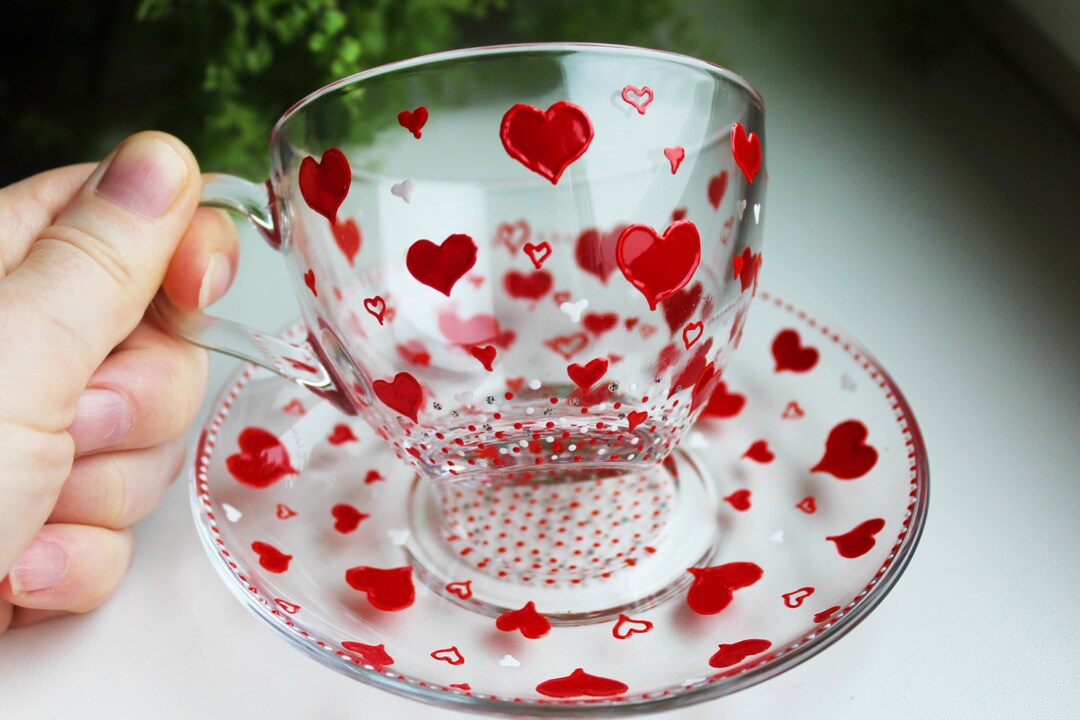 Heart Hand Painted Red Hearts Glass Tea Cup Set for Her. - Etsy