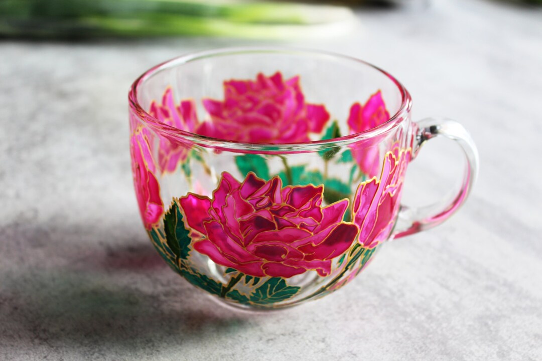 Pink Roses Unique Big Mug Gifts for Women Hand Painted Glassware ...