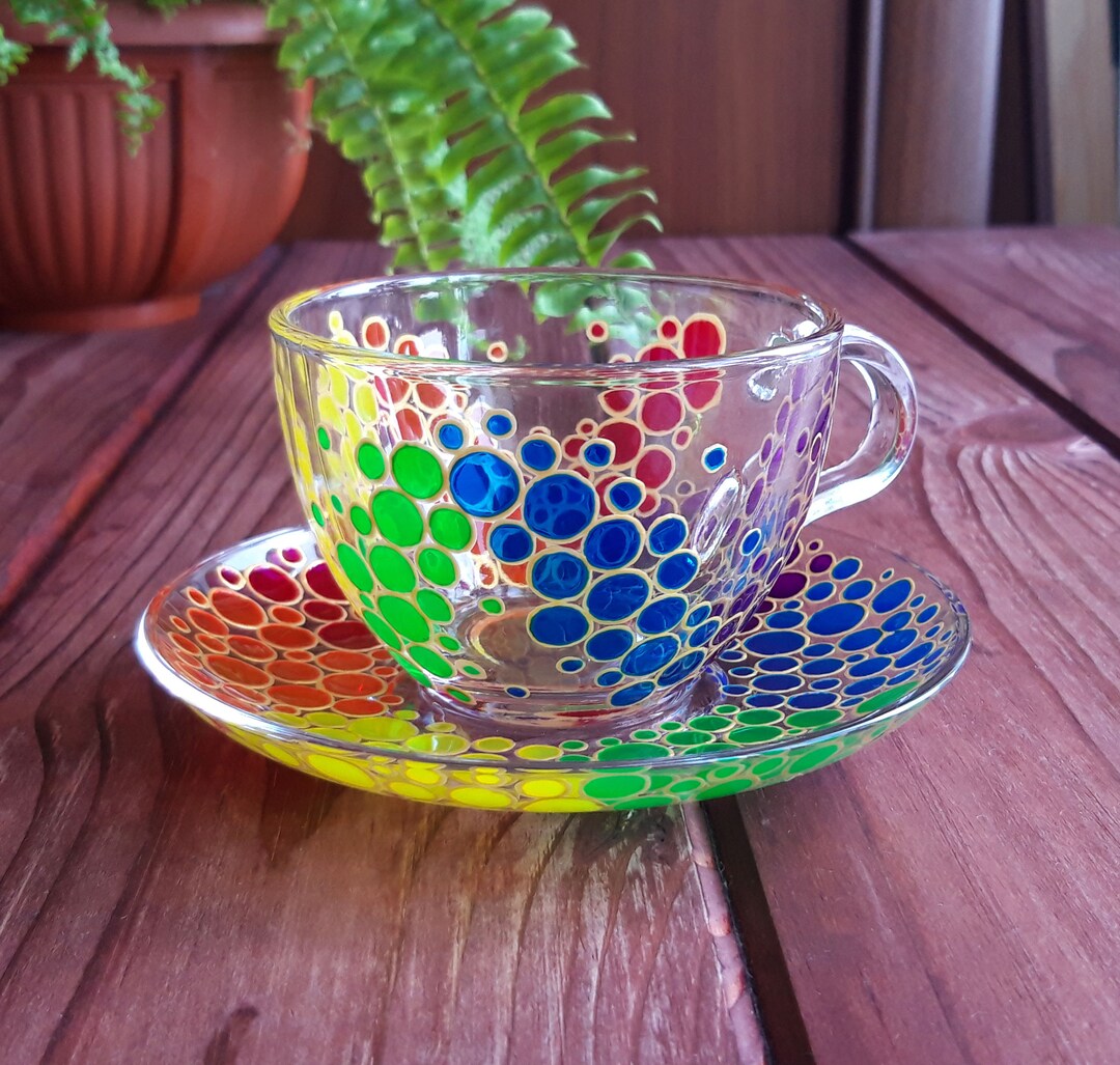 Rainbow Tea Cup Hand Painted Bubbles Cup and Saucer Set, Personalized ...