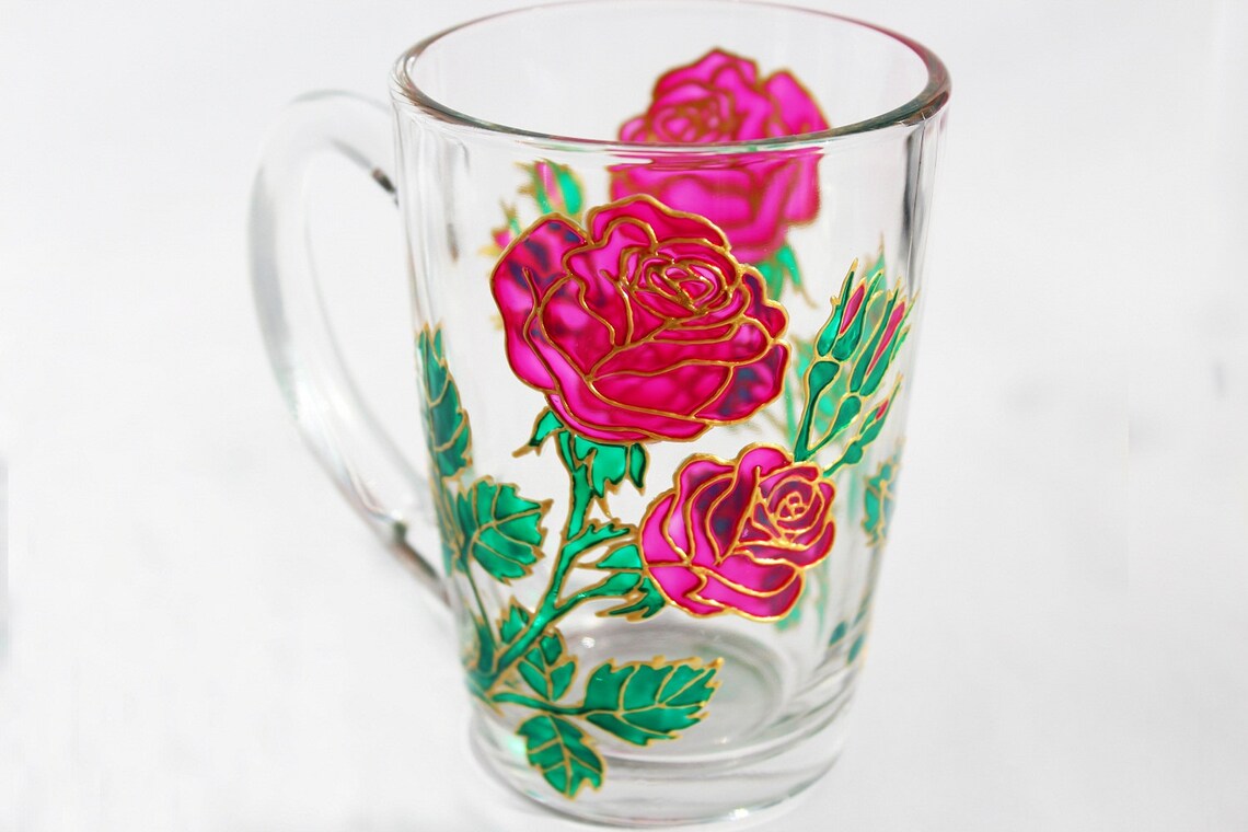 Pink Roses Flowers Glass Coffee Mug Funny Cup Hand Painted | Etsy