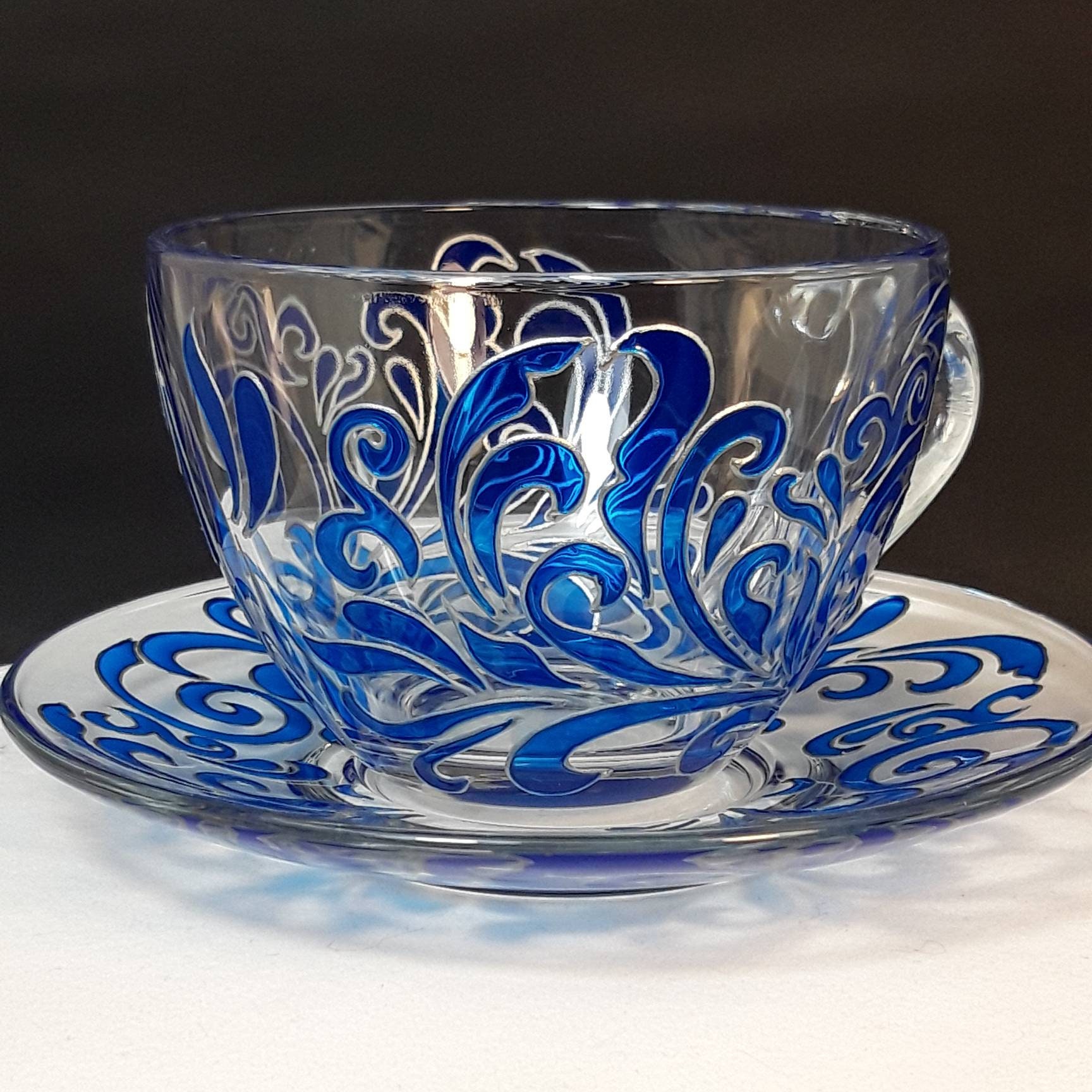 Tea Cup Set Hand Painted Blue Stained Glass Coffee Cup | Etsy