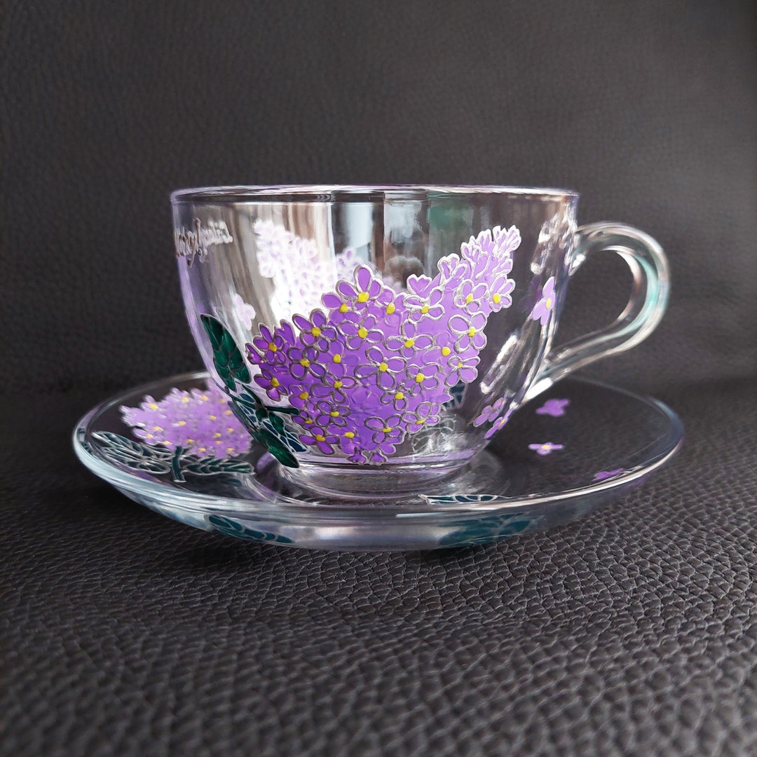Lilac Cup and Saucer Hand-painted Personalized Glass Cup and Saucer Set ...