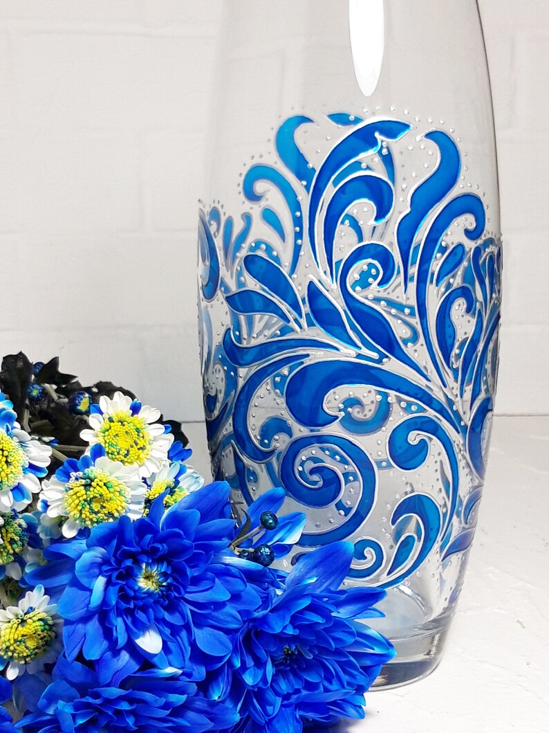 Hand Painted Big Glass Vase Wedding Centerpiece Blue Stained | Etsy