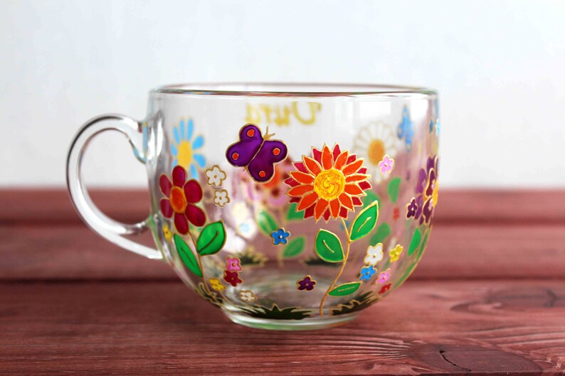 Spring Flowers Big Mugs Personalized Glass, Handpainted Gifts for ...