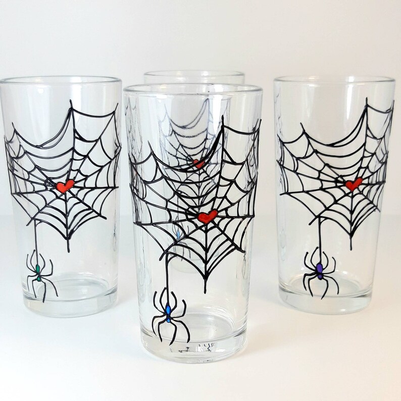 Spider Web Hand Painted Water Glasses Drinking Glass Set Of4 Halloween ...