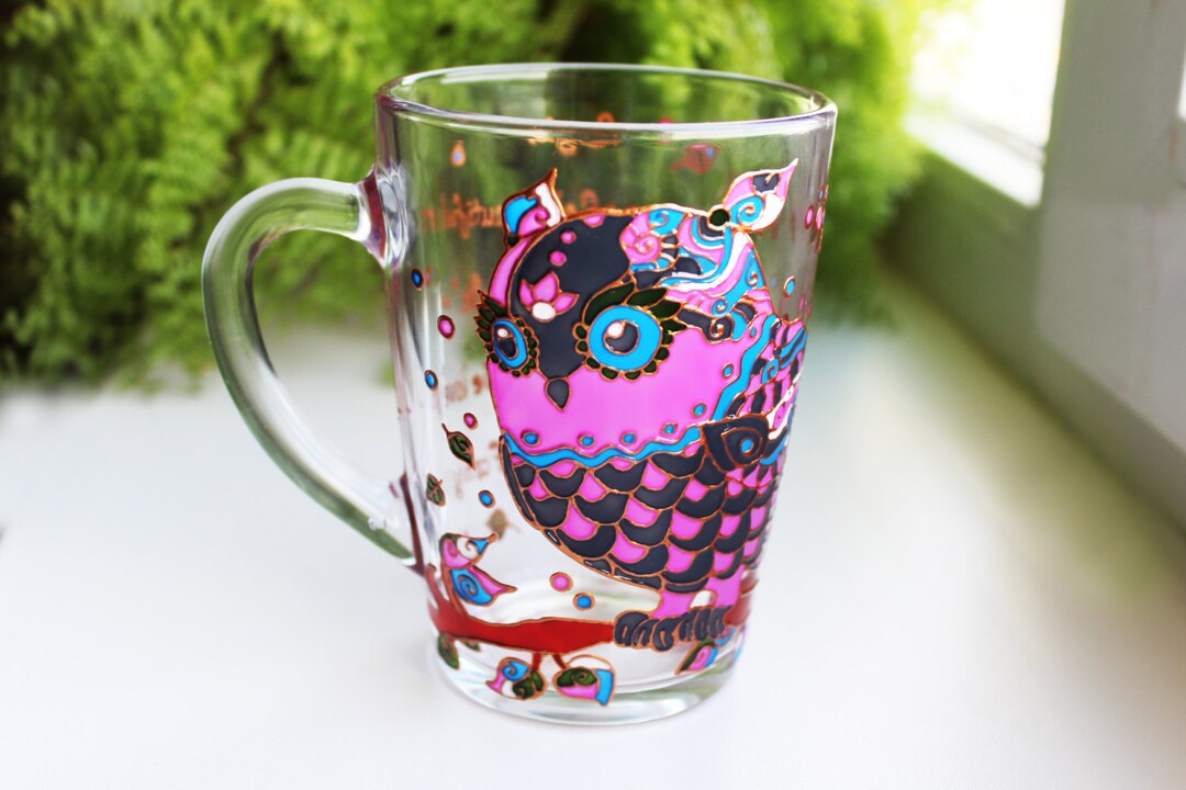 Owl Coffee Mug Personalized Gift Hand Painted Pink Owl Forest Bird Gift ...
