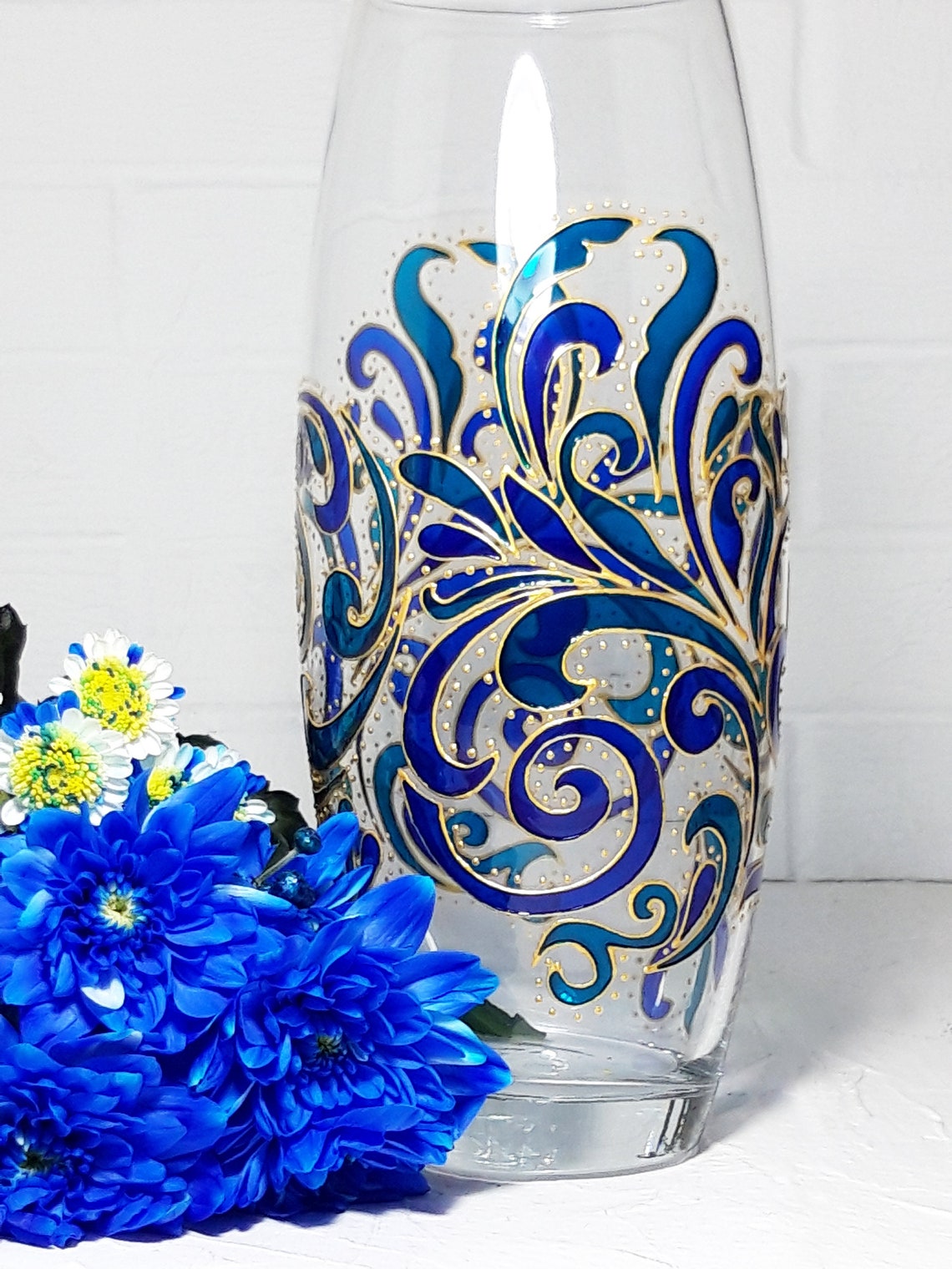 Painted Blue Big Vase Handmade Glass Large Vase Gift for | Etsy