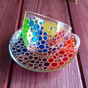 Rainbow Tea Cup Hand Painted Bubbles Cup and Saucer Set, Personalized ...