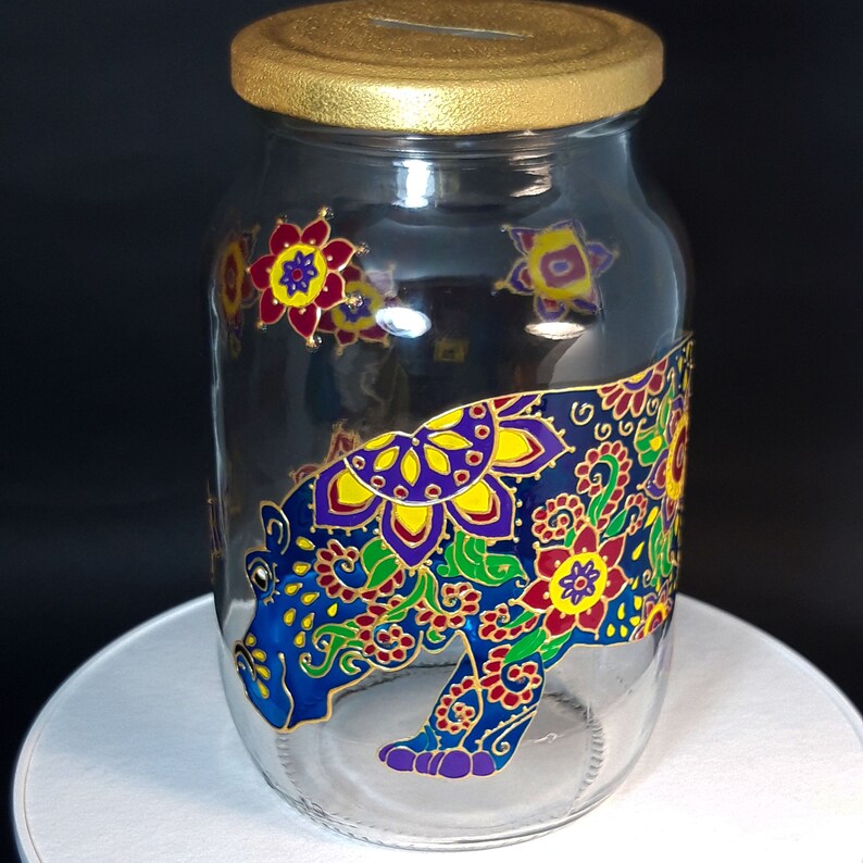 Glass Coin Bank Personalized. Hand Painted Hippo Animal Coin | Etsy