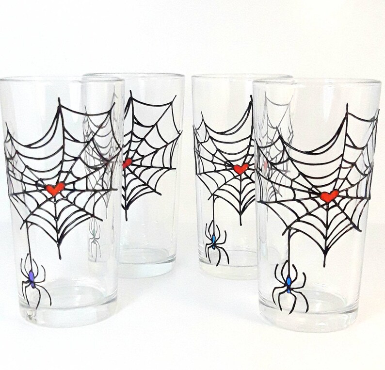 Spider Web Hand Painted Water Glasses Drinking Glass Set Of4 Halloween ...