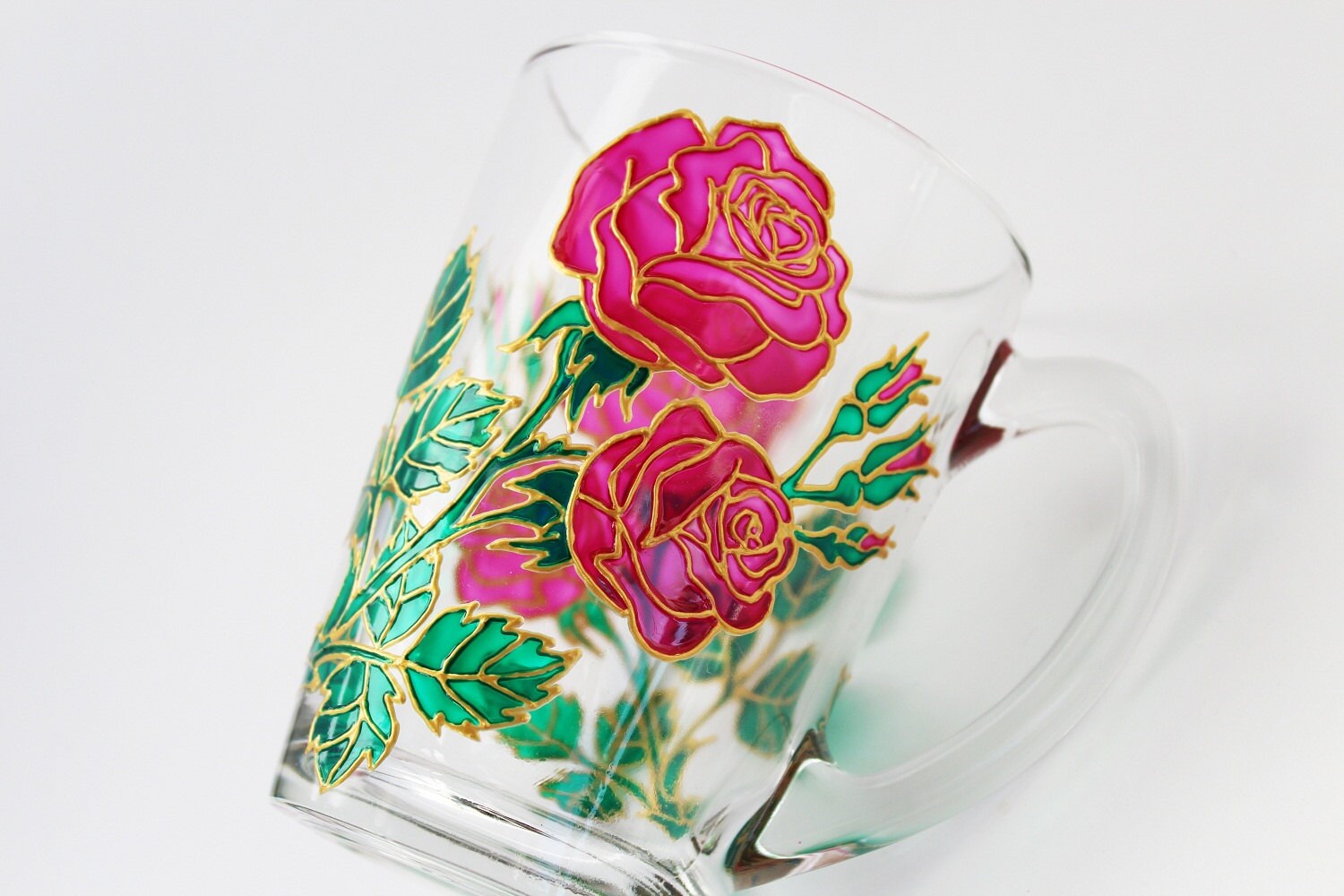 Pink Roses Flowers Glass Coffee Mug Funny Cup Hand Painted | Etsy