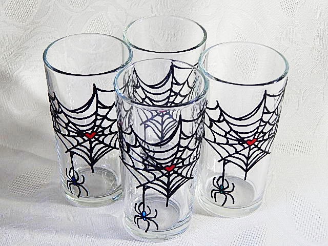Spider Web Hand Painted Drinking Glass Set Of4 Halloween Water Glasses ...